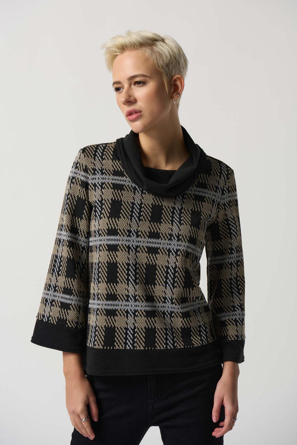 Joseph Ribkoff Black/Multi Plaid Cowl Neck Sweater Style 233266 – Luxetire
