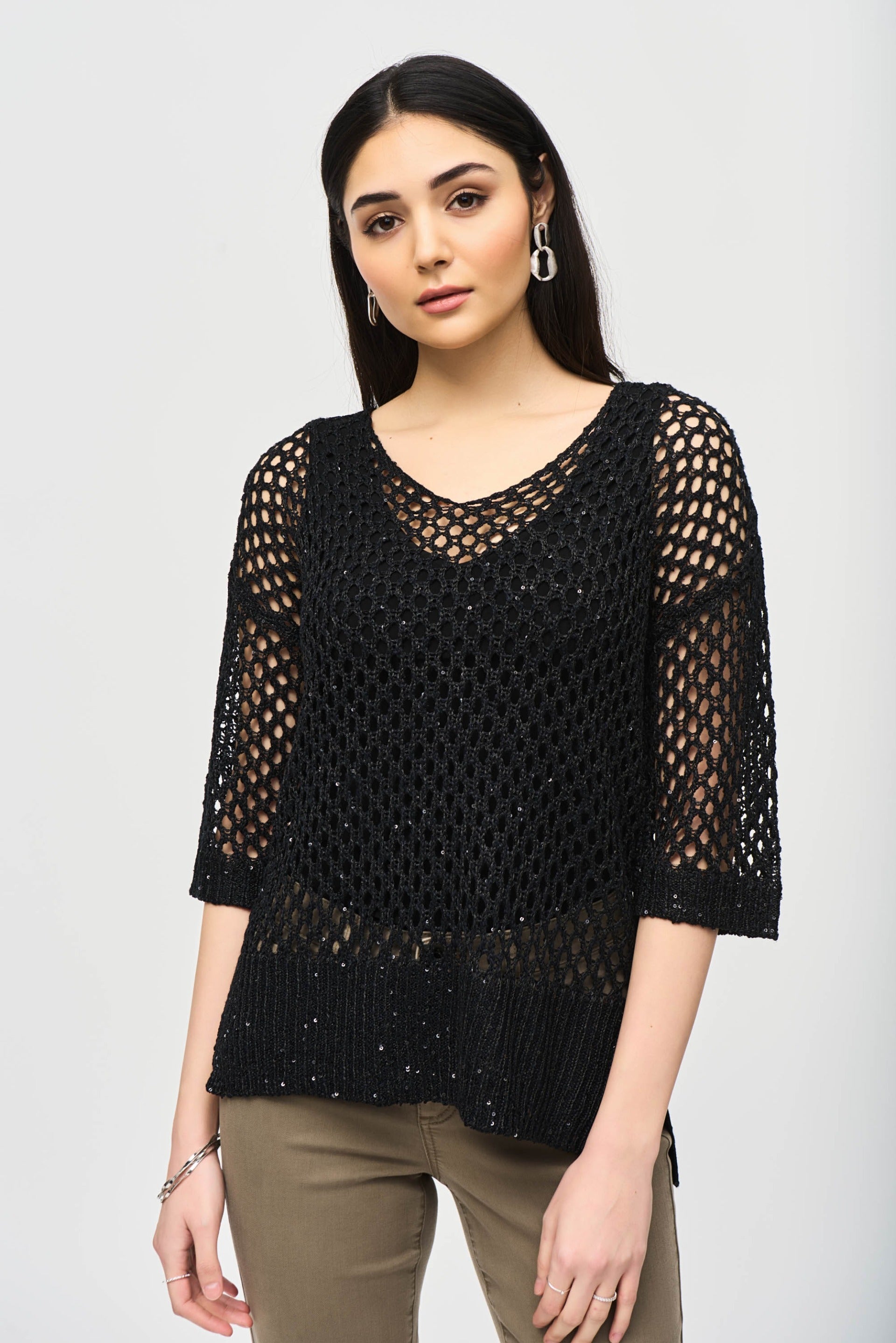 Joseph Ribkoff Black Open Stitch Sweater with Sequins Style 241922 – Luxetire