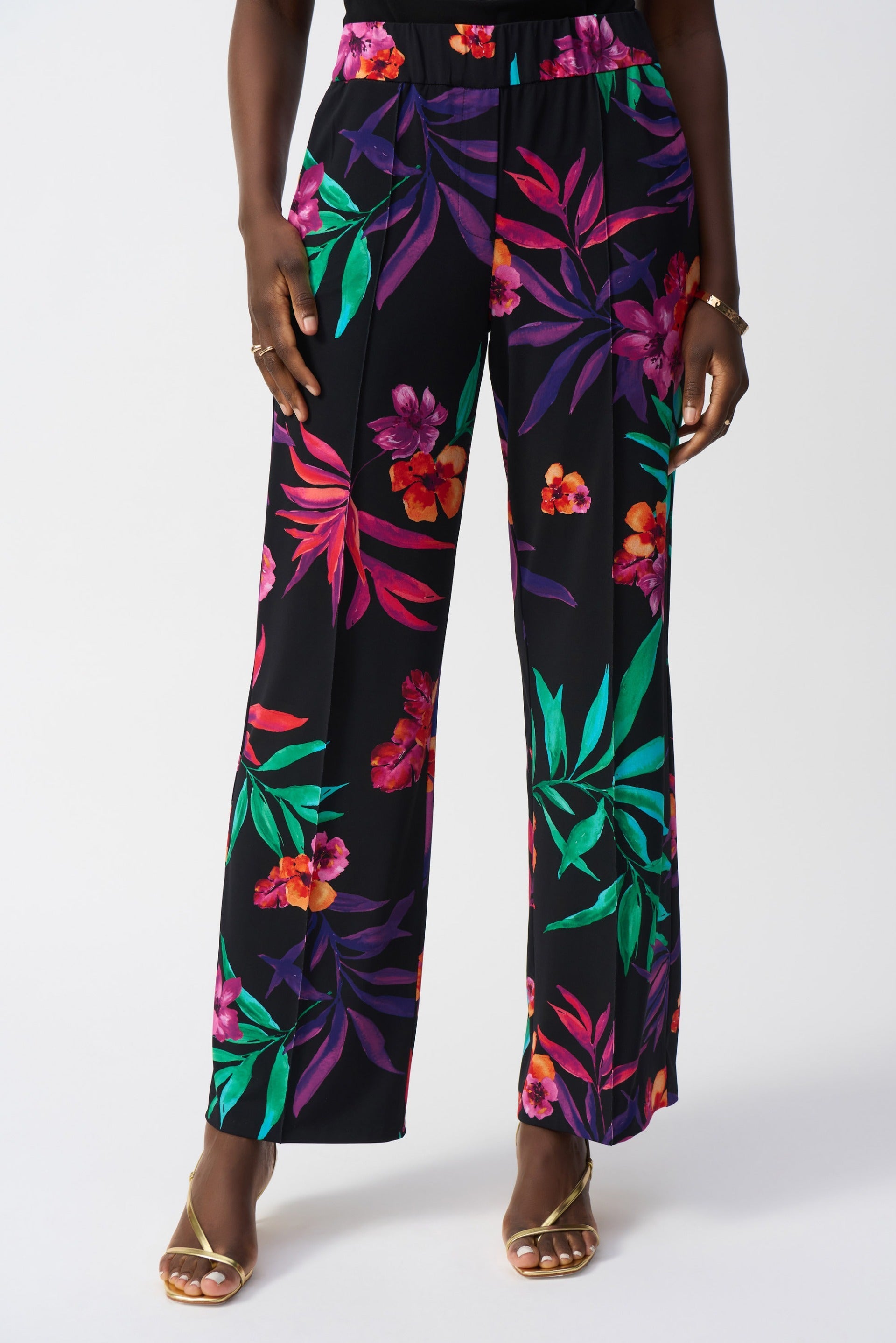 Joseph Ribkoff Black/Multi Tropical Print Wide-Leg Pants Style 251056 – Luxetire