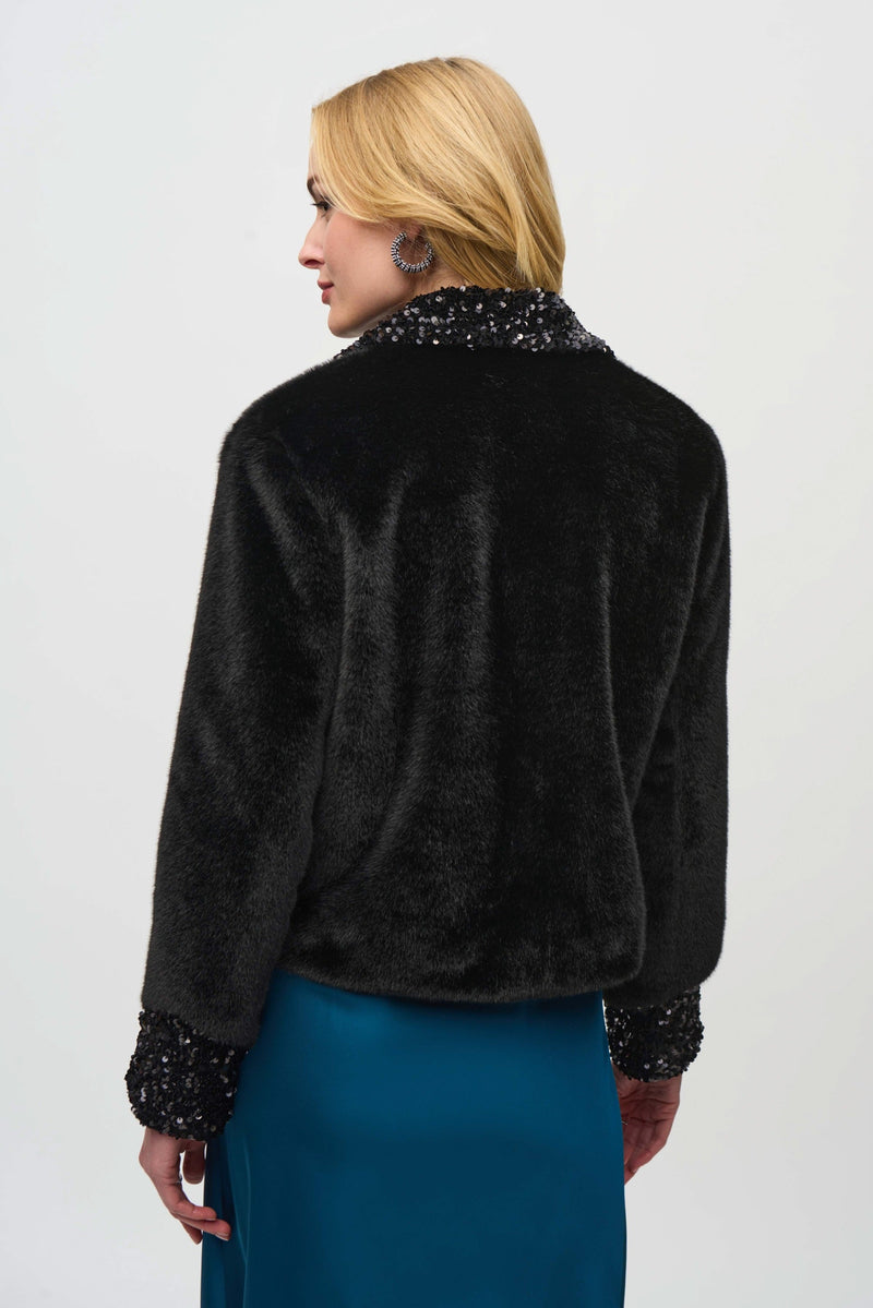 JOSEPH RIBKOFF BLACK FAUX FUR JACKET WITH SEQUINS TRIM STYLE 244920 ...